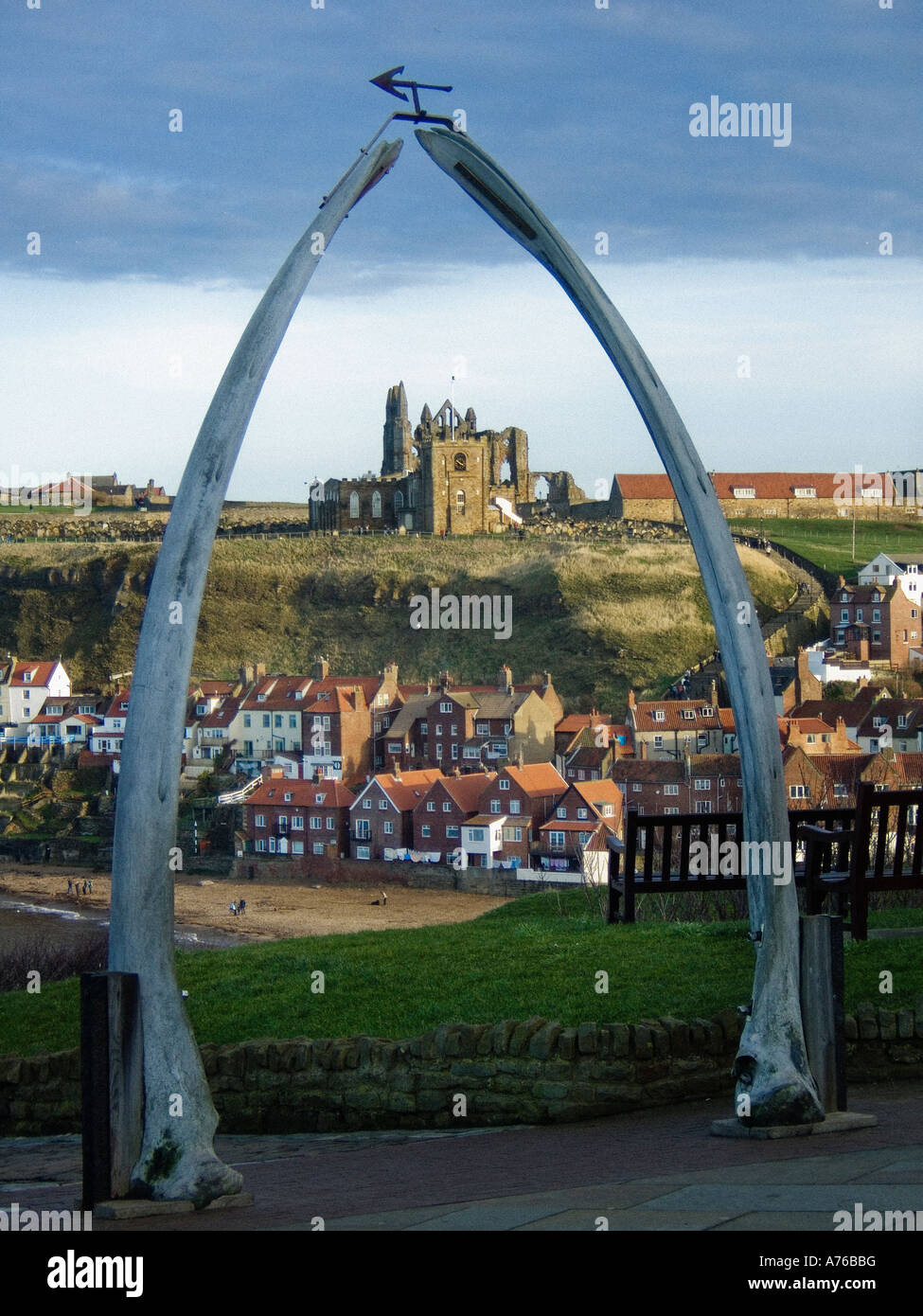 View of St Mary's Church and Whitby Abbey through the famous whalebone ...