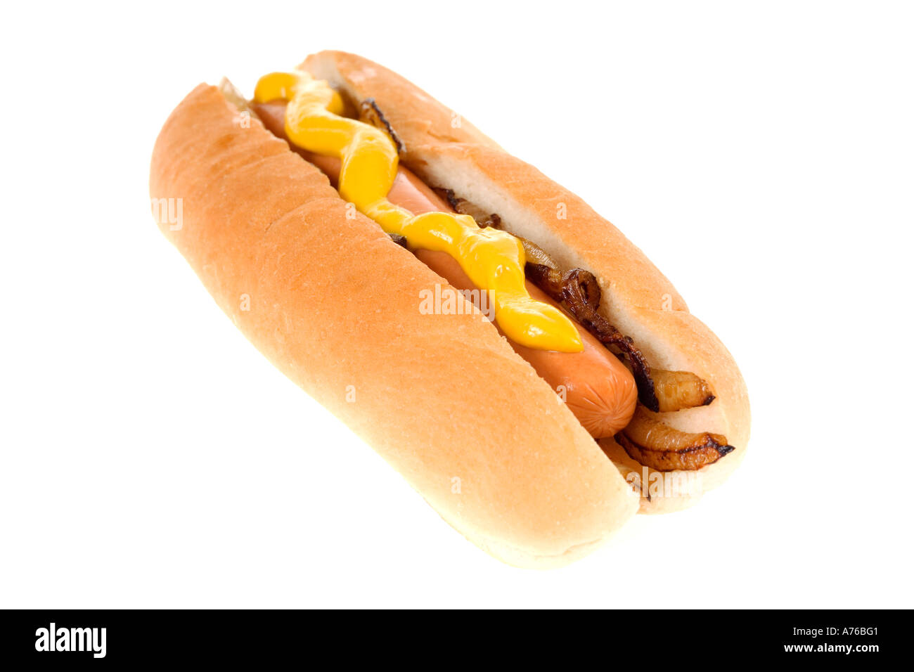 Hot dog with mustard and onions in a bun on a pure white background ...