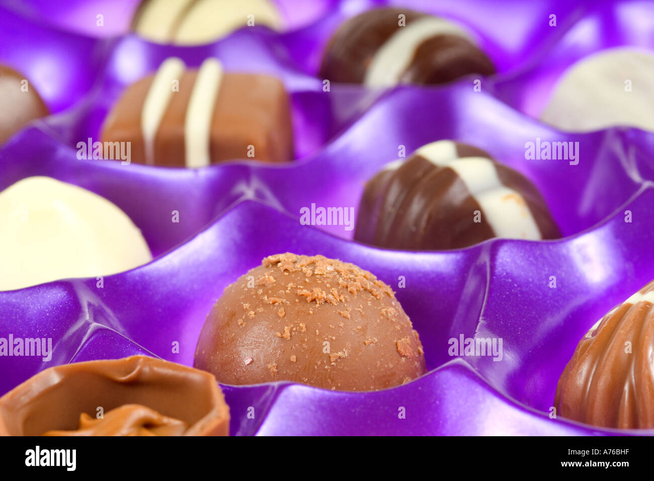 Close up macro of a selection of chocolates in a purple tray Stock ...