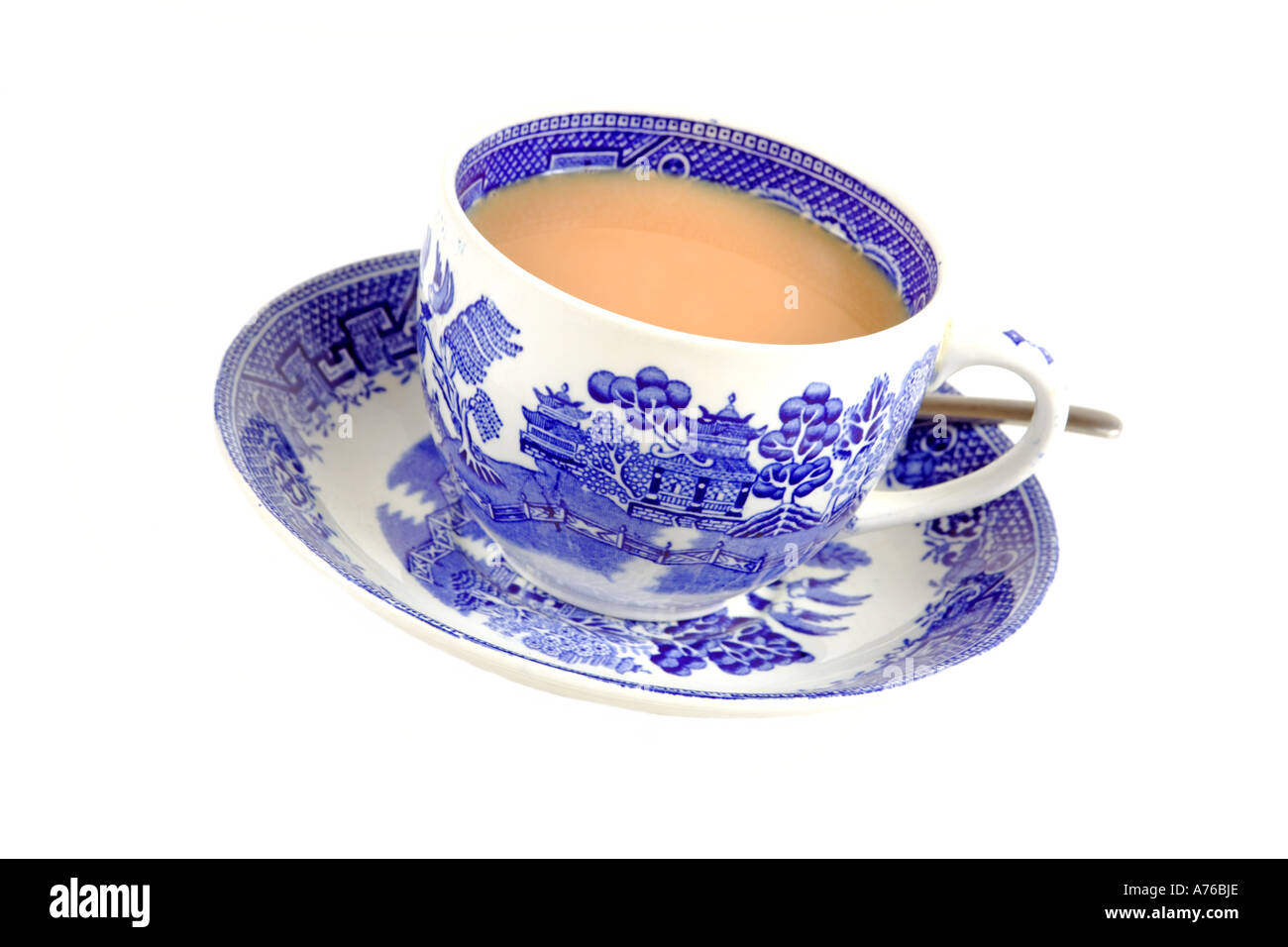 Cup of freshly brewed tea in a traditional blue and white china teacup ...