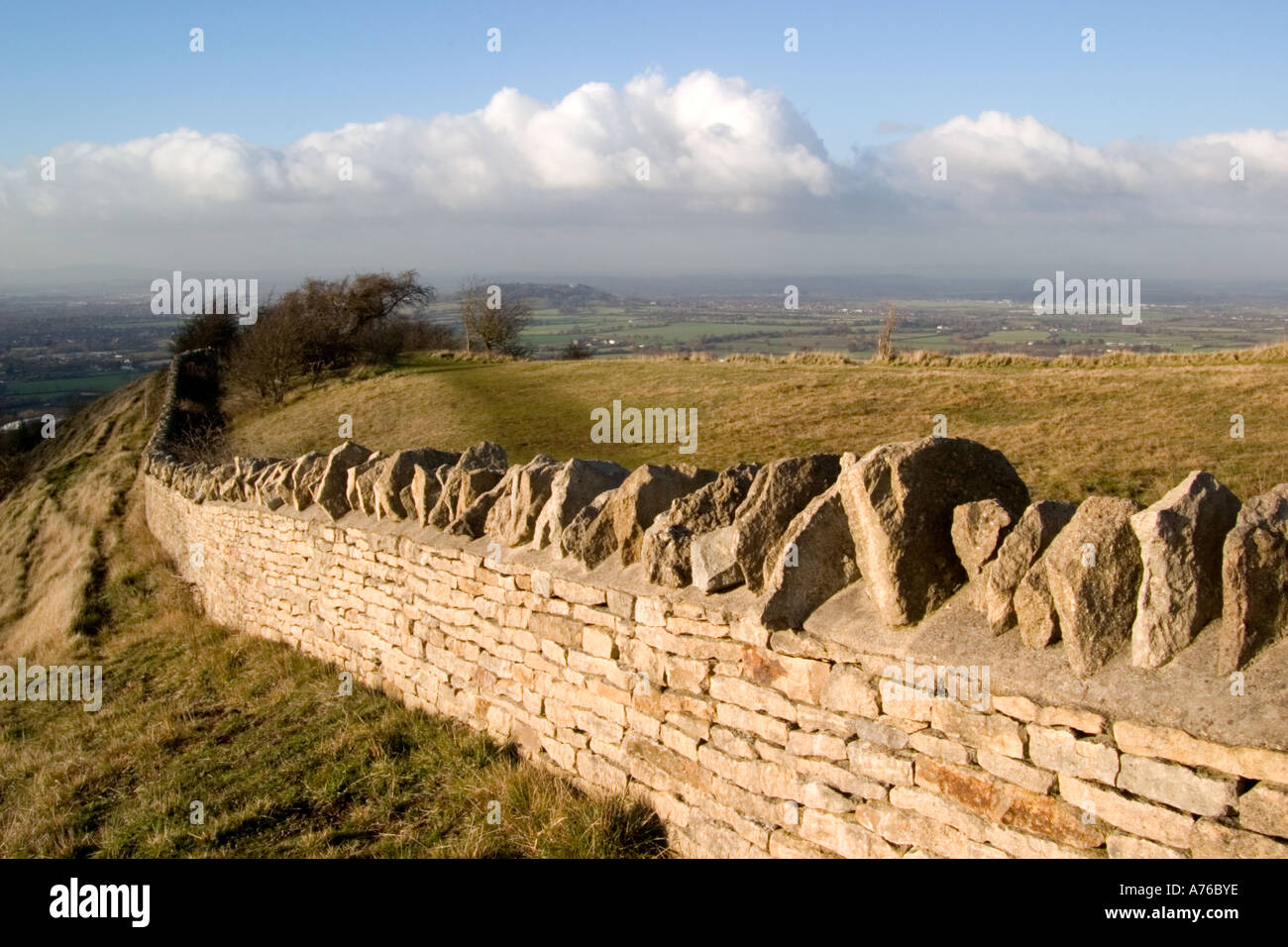 Cotswold dry stone wall Birdlip hill near Cheltenham England Winter ...