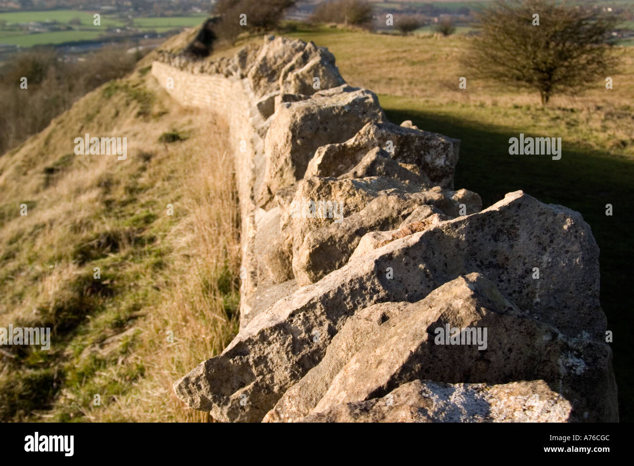 Cotswold dry stone wall Birdlip hill near Cheltenham England Winter ...