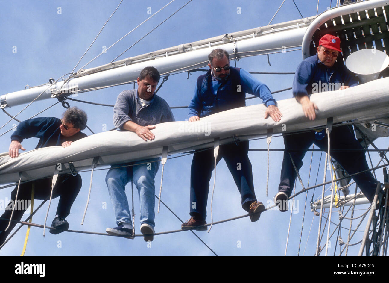 Furling the mainsail on the 1971 sail training ship the brig Royalist ...