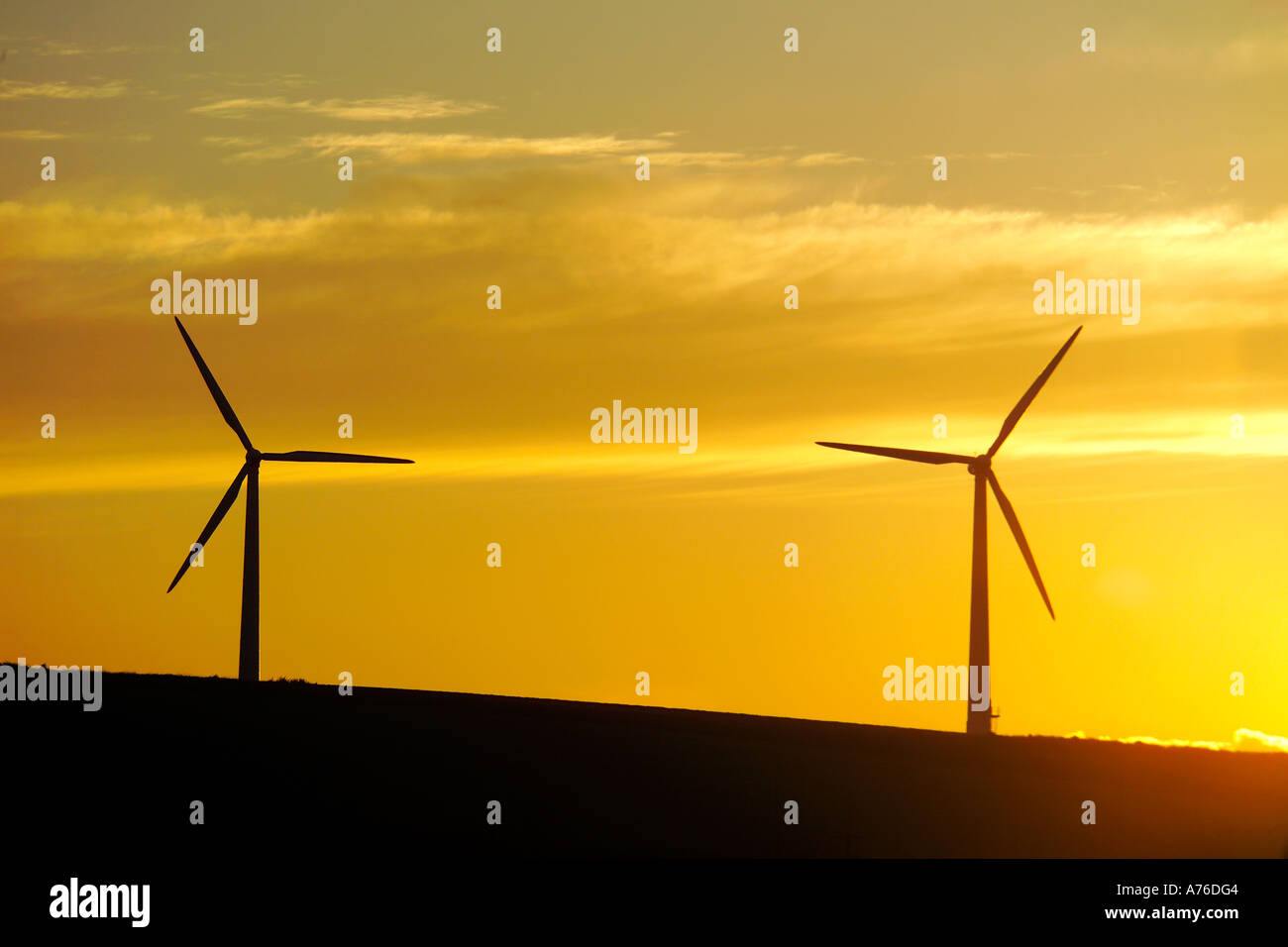 A close up of two wind turbines on a wind farm on the Cornish ...