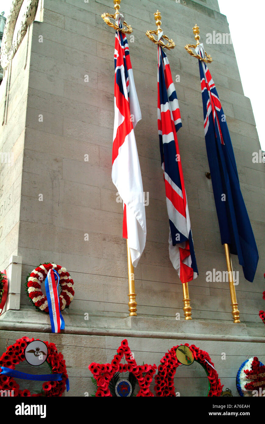 The Cenotaph with military flags on Remembrance Day 2006 in London ...