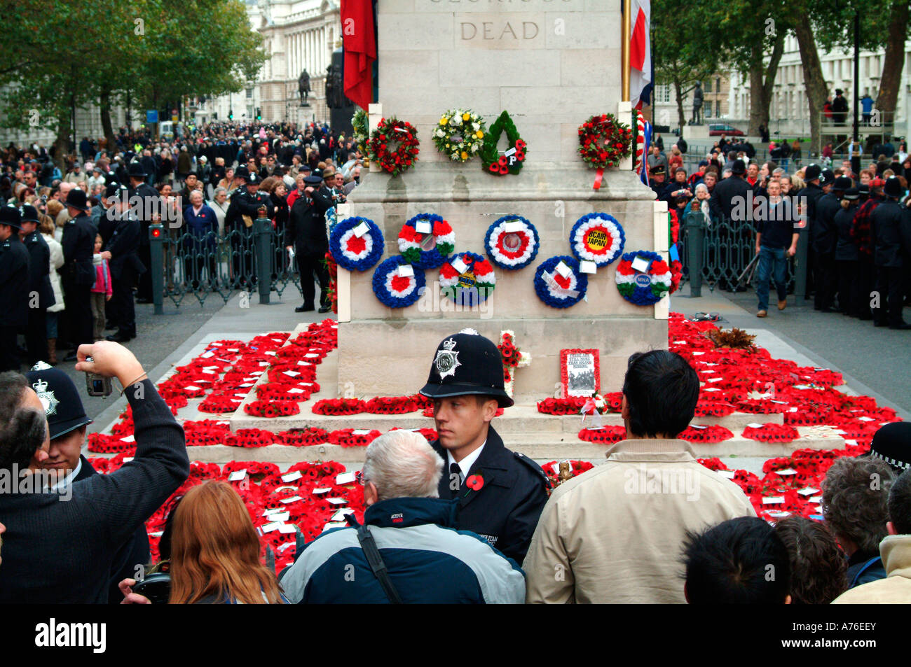 Poppy wreaths on the Cenotaph on Remembrance Day 2006 in London Stock ...