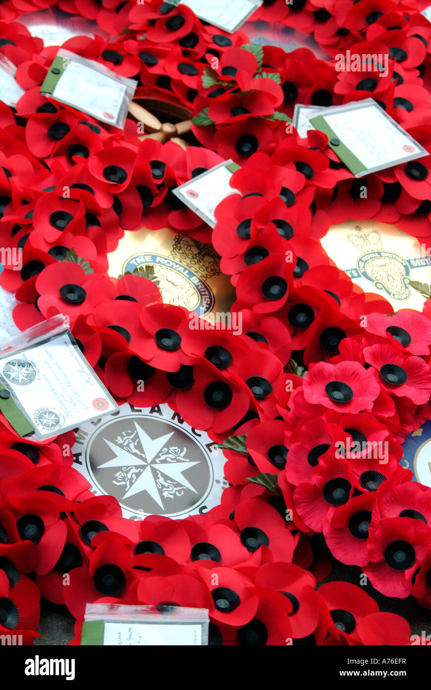 Poppy wreaths on the Cenotaph on Remembrance Day 2006 in London Stock ...