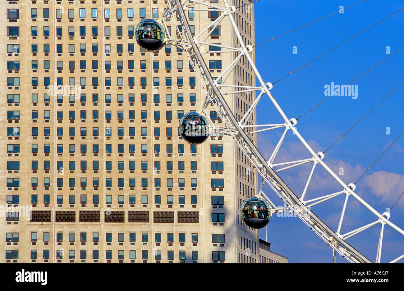Close up view of the pods on the London Eye with the Shell Tower behind ...