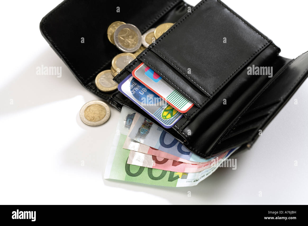 Wallet with euro banknotes, coins and cards Stock Photo - Alamy