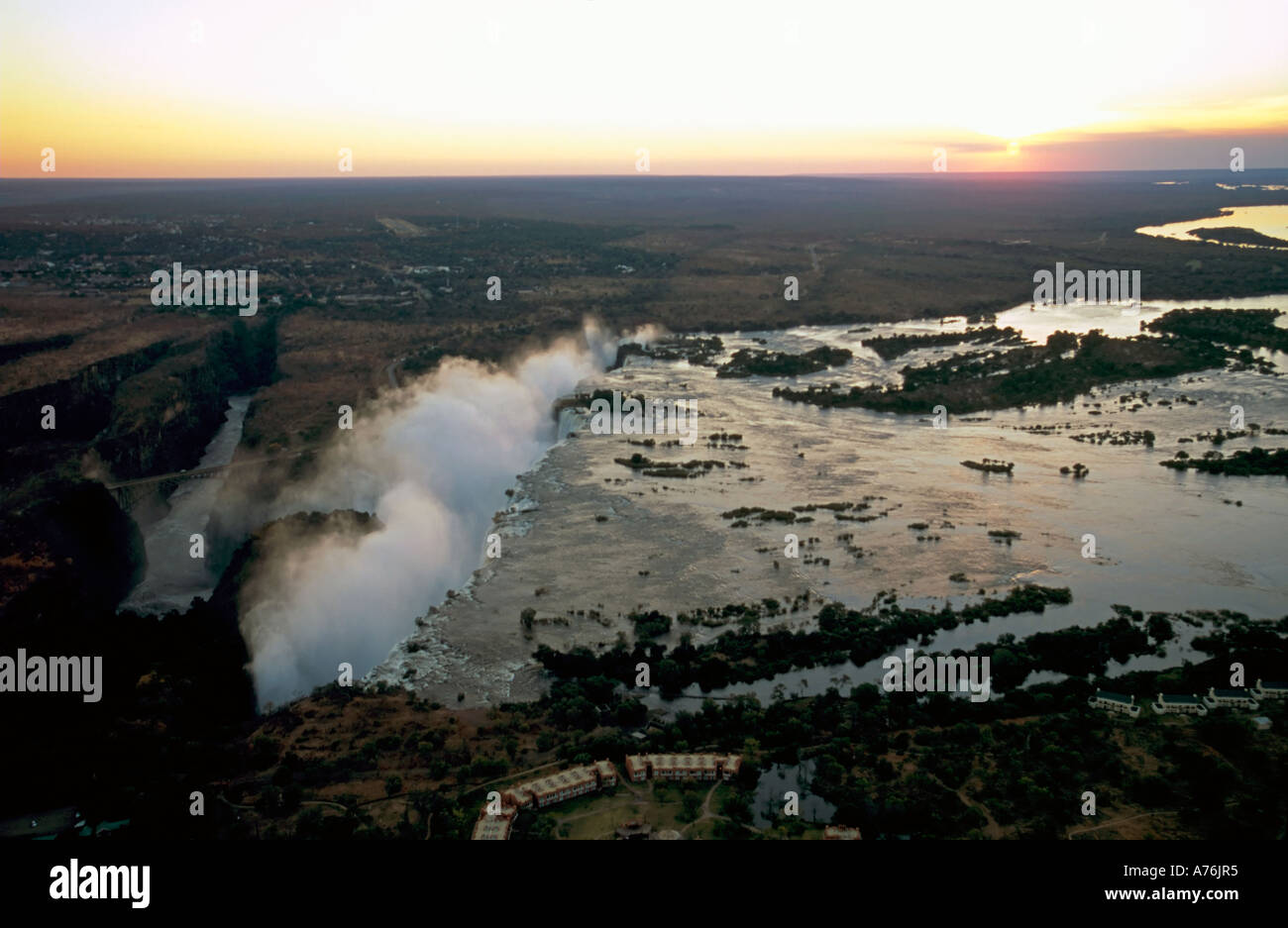 Wide angle aerial view of Victoria Falls and the surrounding ...