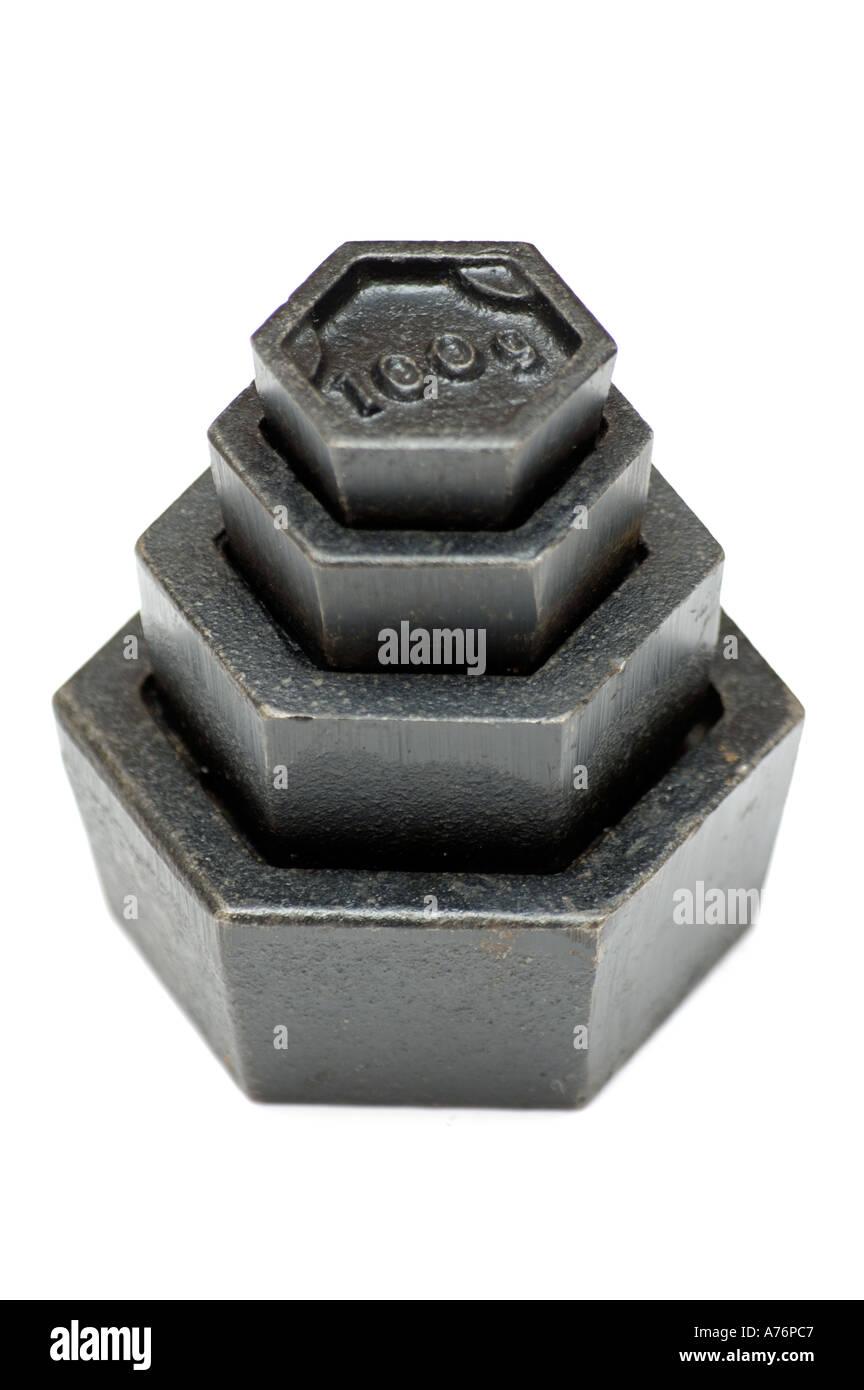 Black Standard metric weights made of iron for weighing scales on white ...