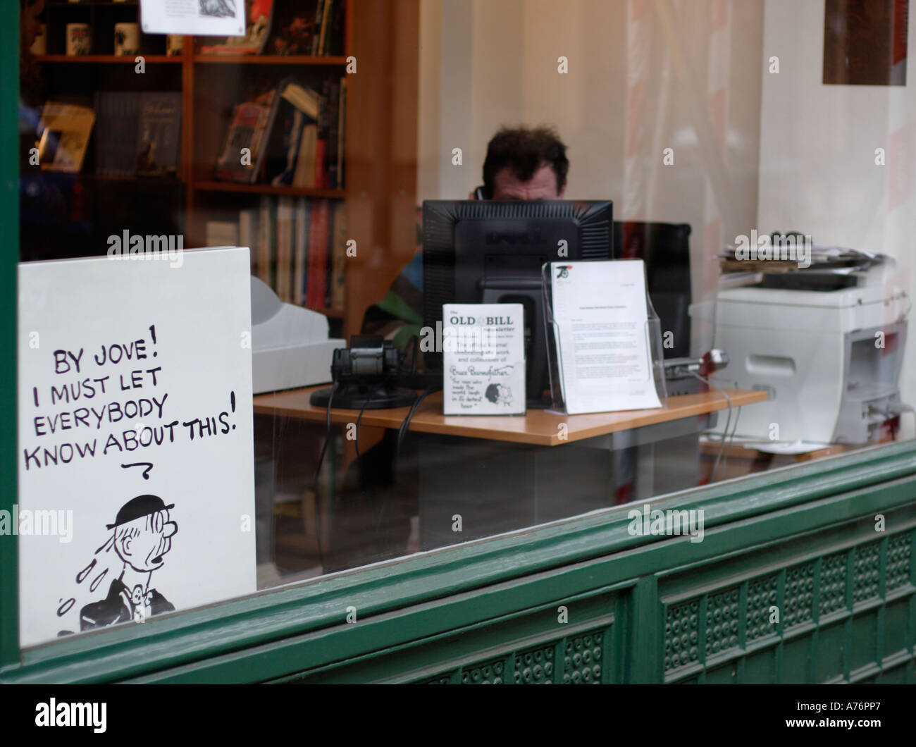 Second hand bookshop window Bloomsbury London with placard caption By ...