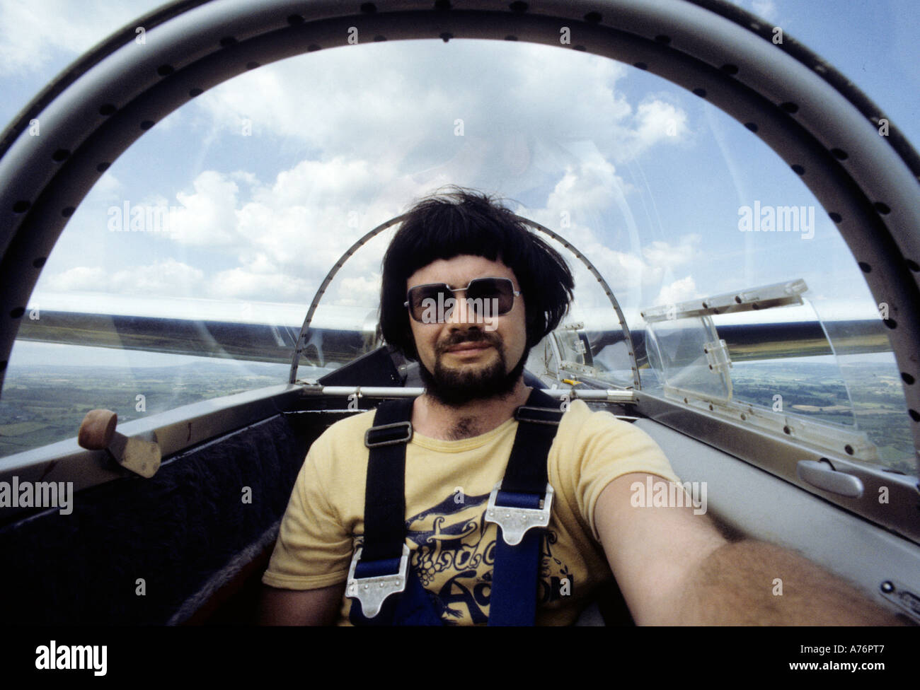 Man airborne flying in glider cockpit Wales UK Stock Photo - Alamy