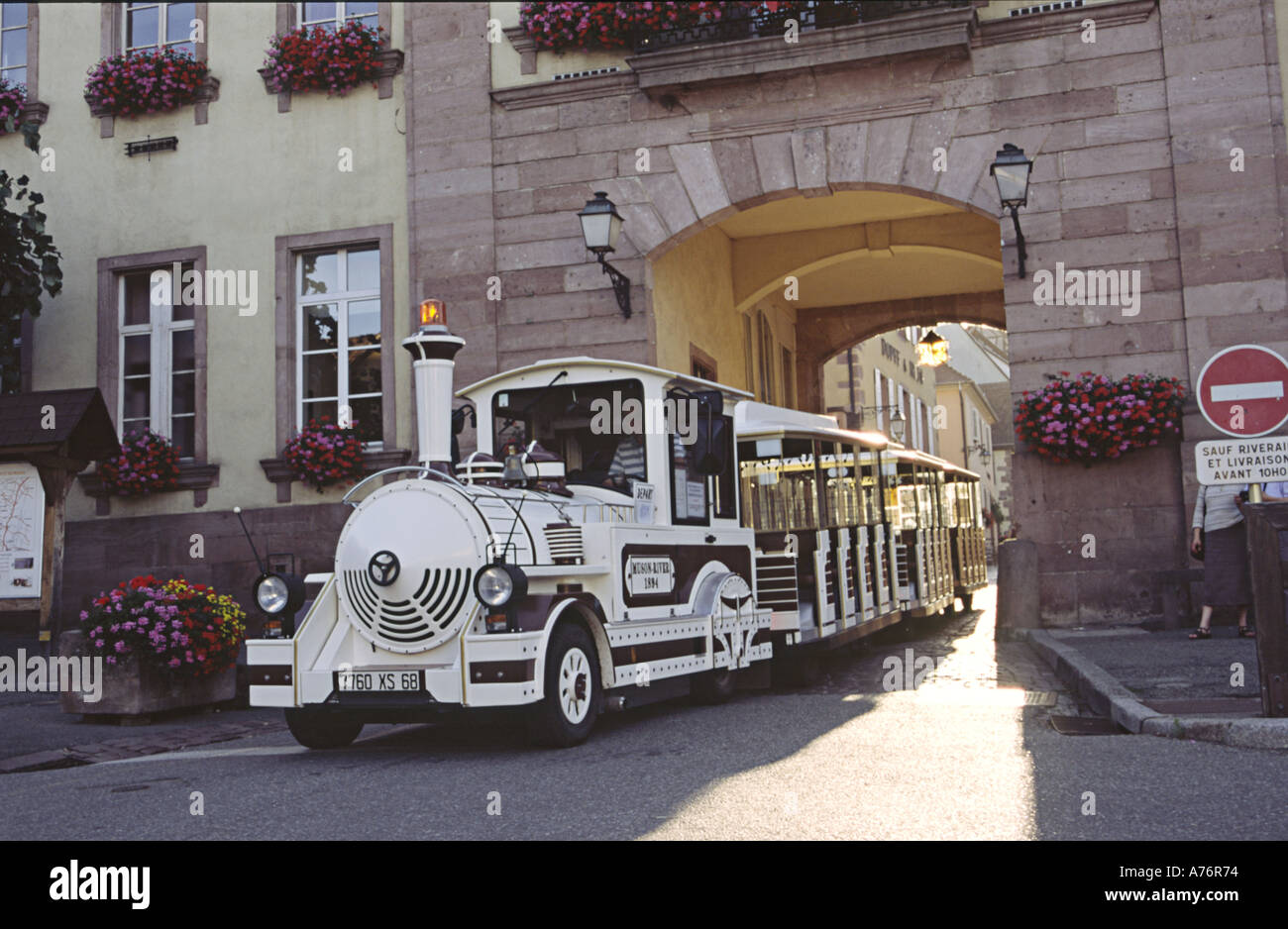 Touring Train in the Medieval town of Riquewihr Alsace France Stock ...