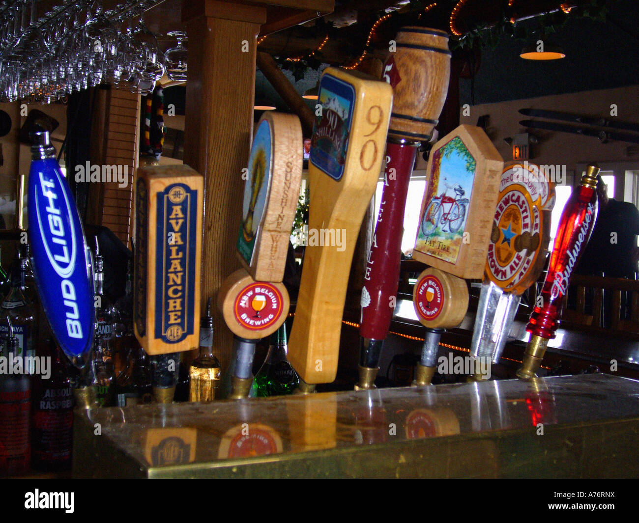 american draft beer pumps Stock Photo - Alamy