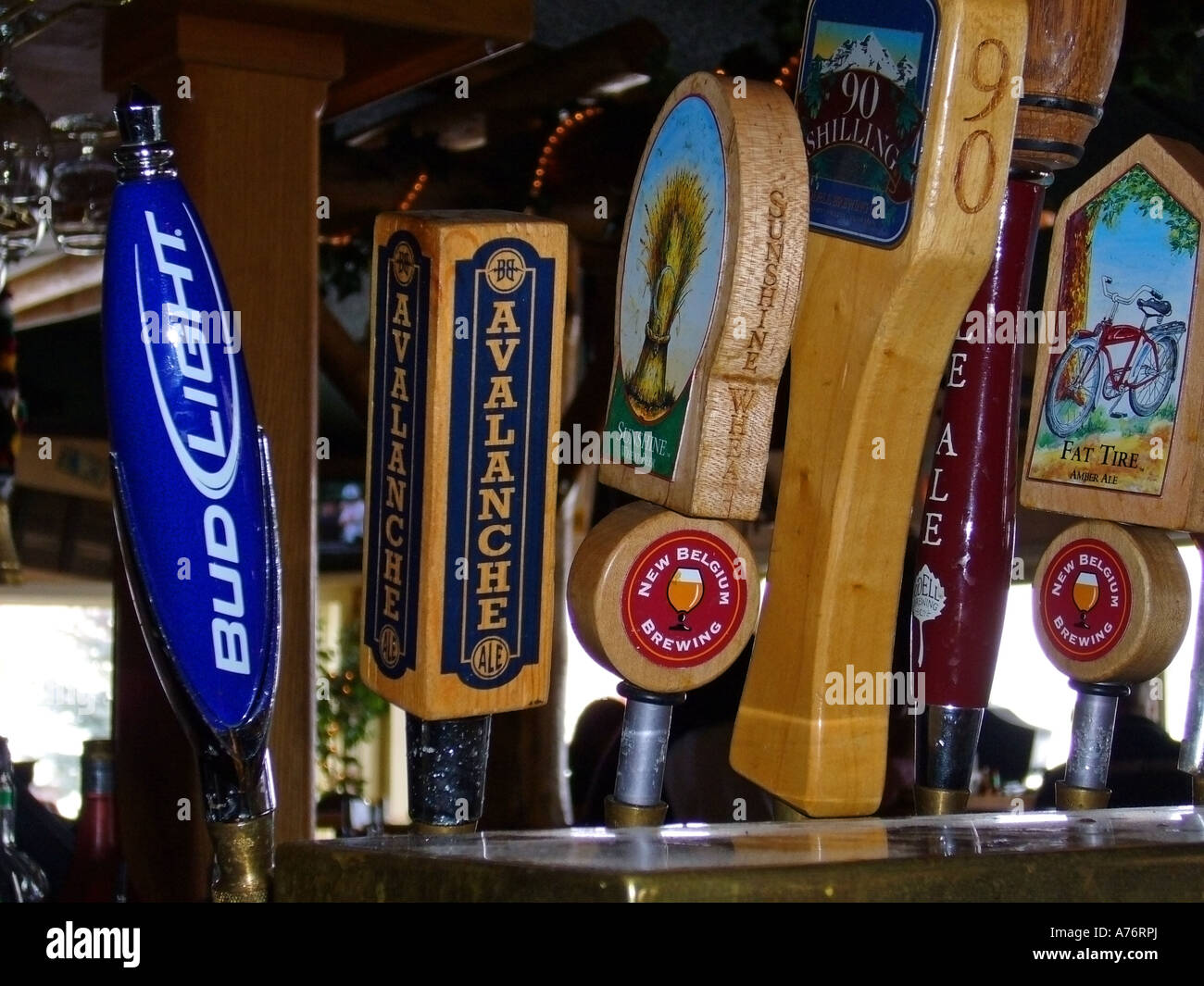 american draft beer pumps Stock Photo - Alamy