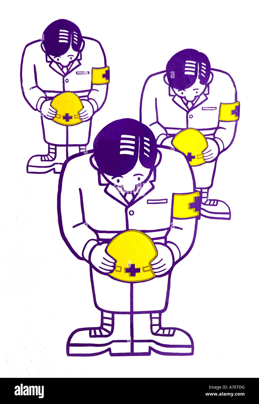 Apologetic bow from 3 Japanese construction workers Illustrated sign ...