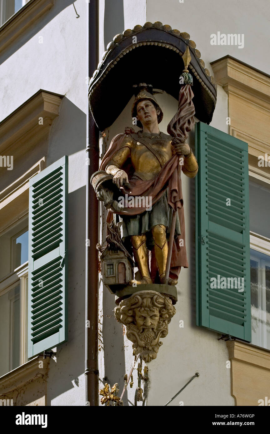 Historic section of town, Statue of Saint Florian at the facade of a ...
