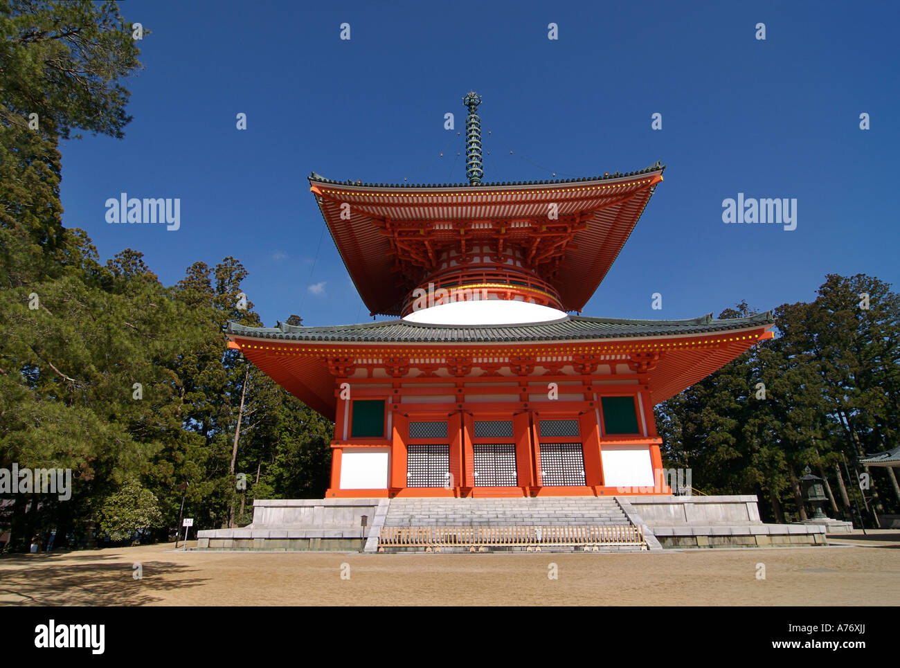 Two storey vermilion pagoda Konpon Daito at Danjo Garan complex Koyasan ...
