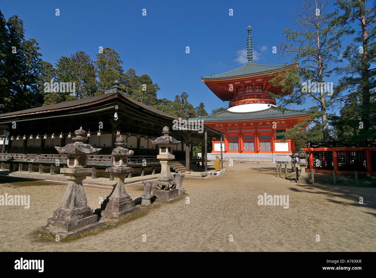 Two storey vermilion pagoda Konpon Daito at Danjo Garan complex Koyasan ...