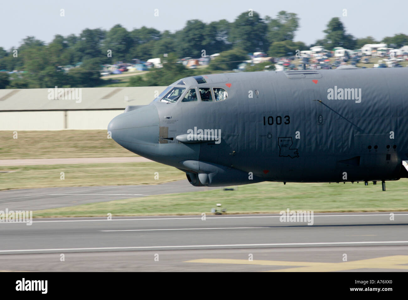 USAF B 52H cockpit and nose landing on runway at RIAT 2005 RAF Fairford ...