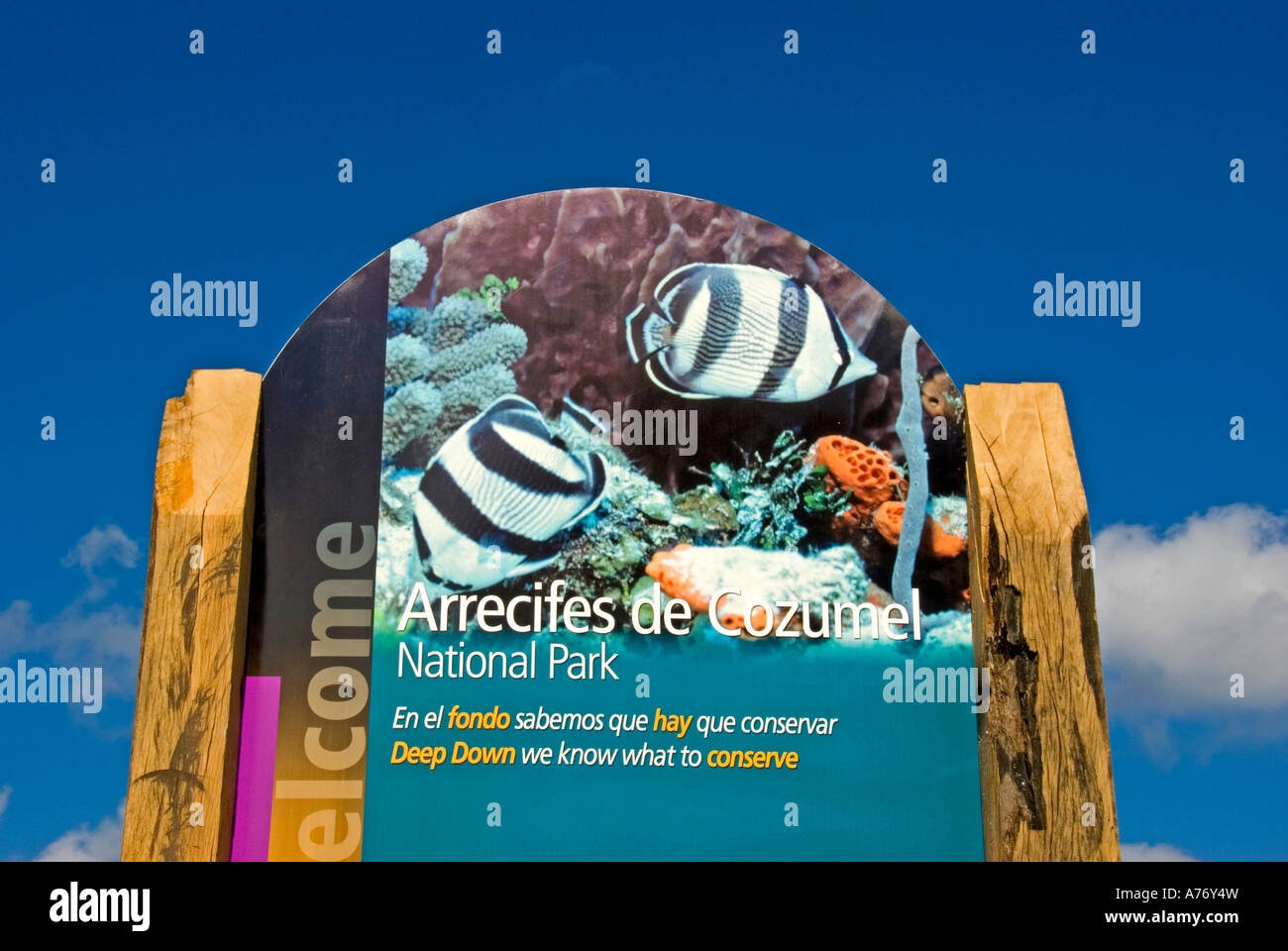 Cozumel Mexico San Miguel town malecon national park sign Stock Photo ...