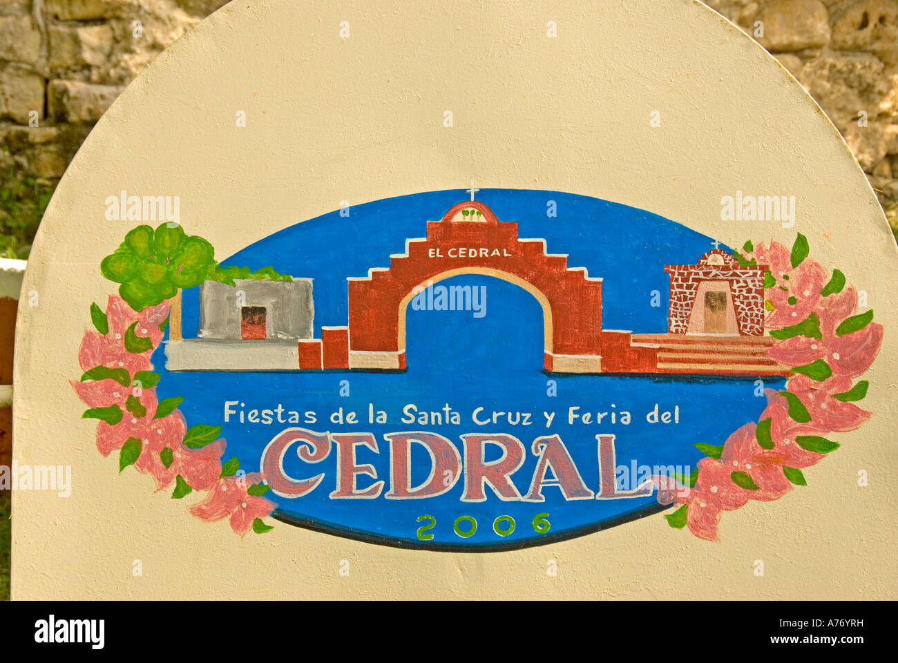 Cozumel Mexico El Cedral Archaeological Site red sign with art work ...