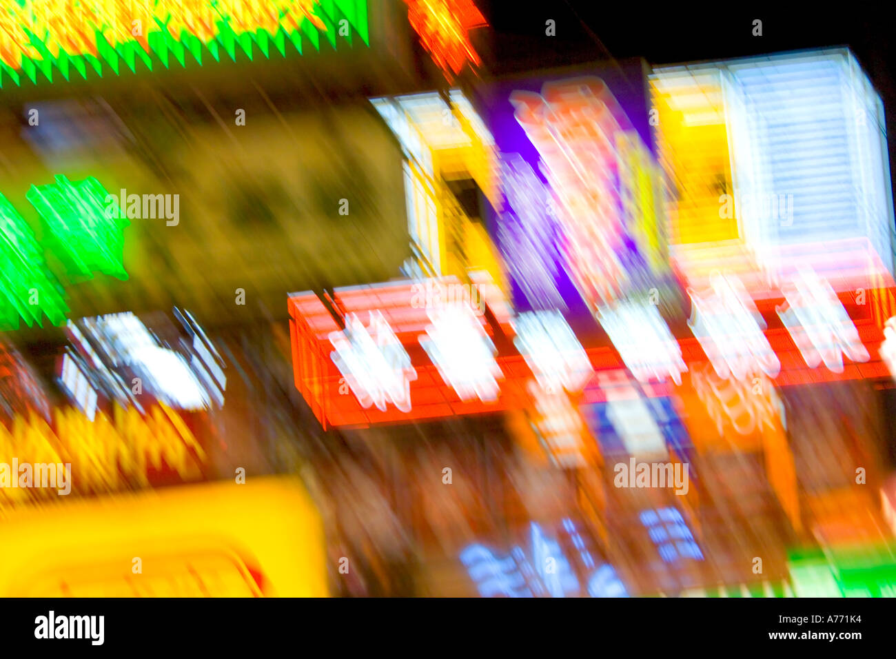 Neon signs at night in Hong Kong with angular motion blur Stock Photo ...