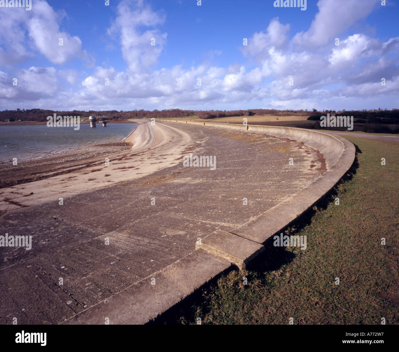 Sweeping view of the dam at Bewl reservoir, Kent, South of England, UK ...