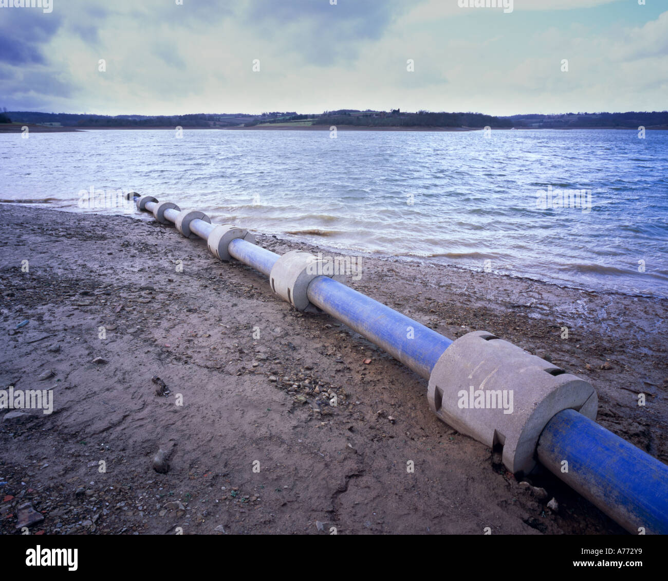 Pipe used to divert nearby river water into Bewl reservoir, Kent, South ...