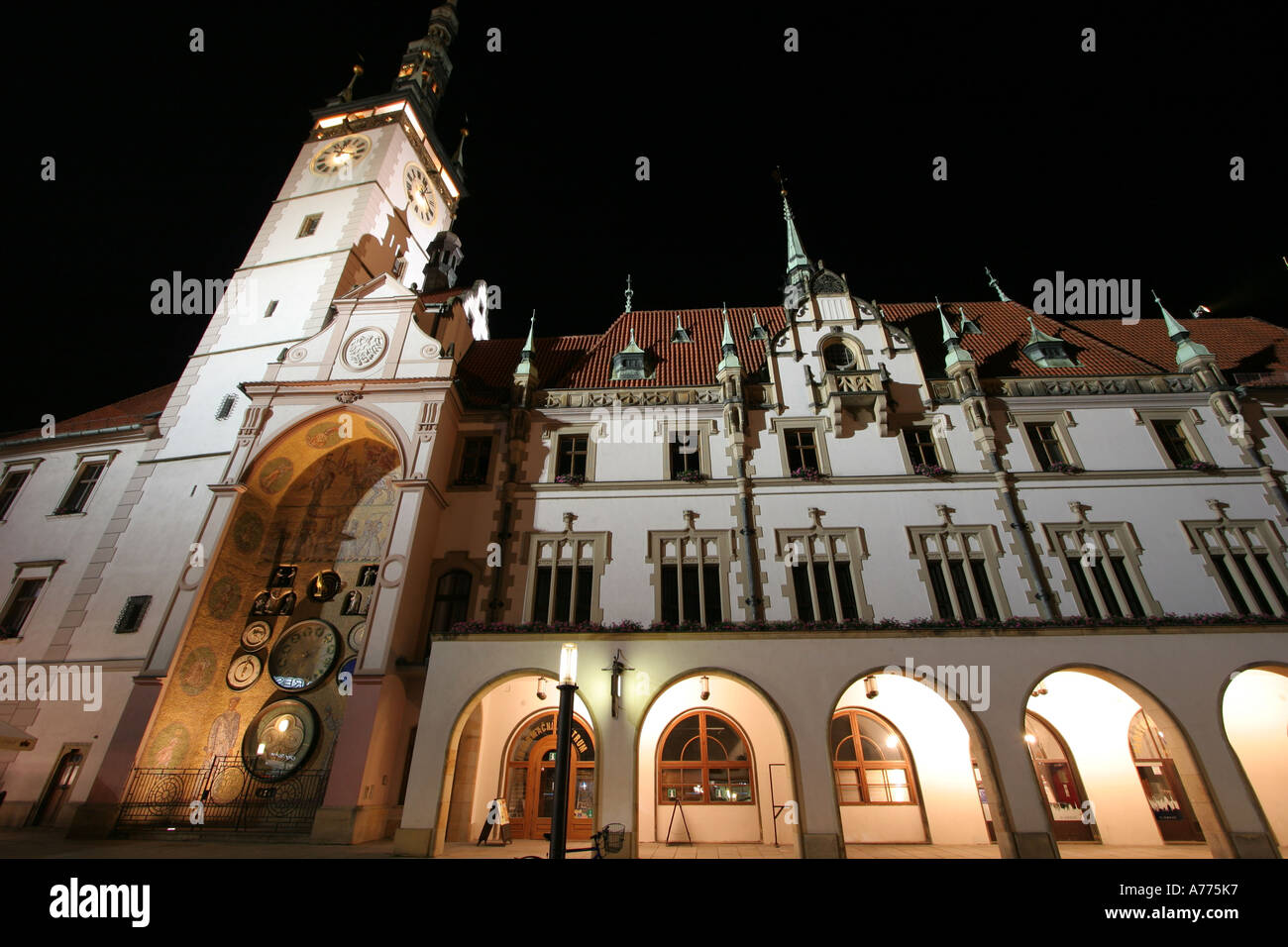The beautiful town hall and clock tower at night in Olomouc North ...