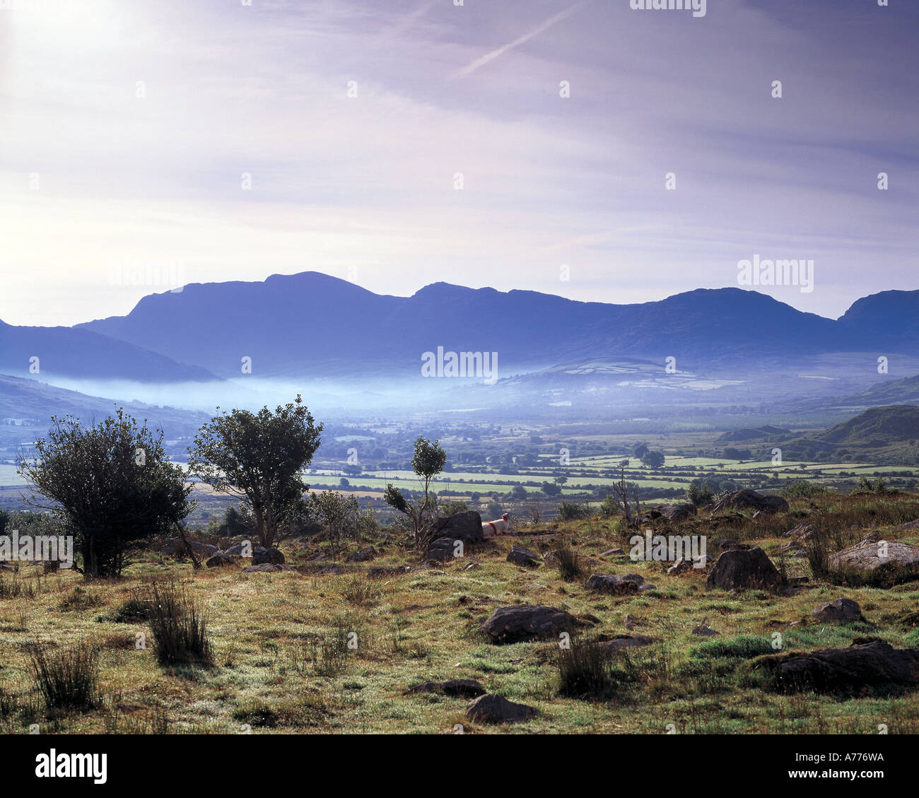 View of landscape with mountains and fog at dawn hi-res stock ...