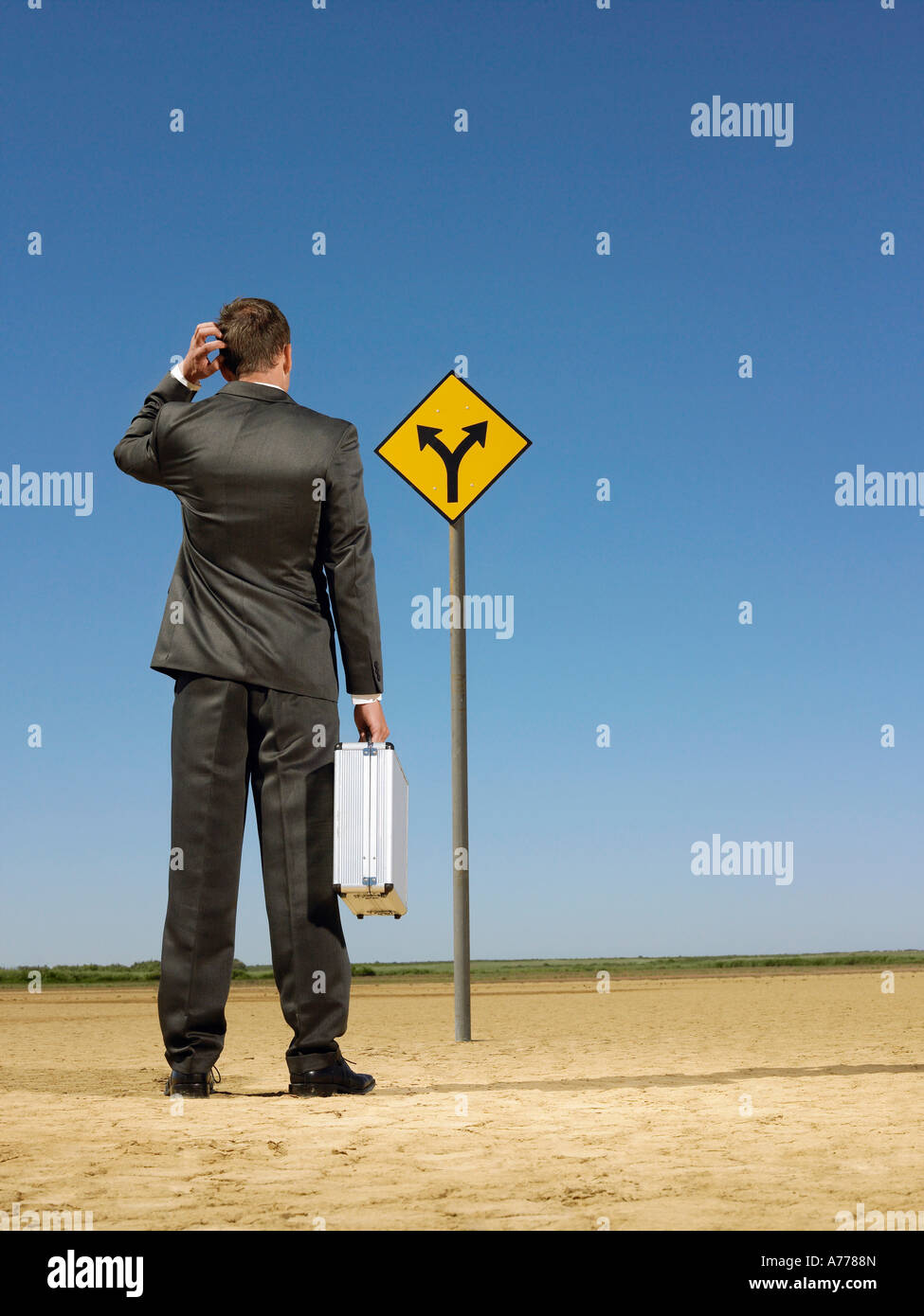 Businessman looking at road sign in desert, back view Stock Photo - Alamy