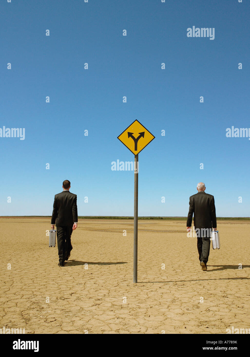 Two businessmen with briefcases walking past road sign in desert, back ...
