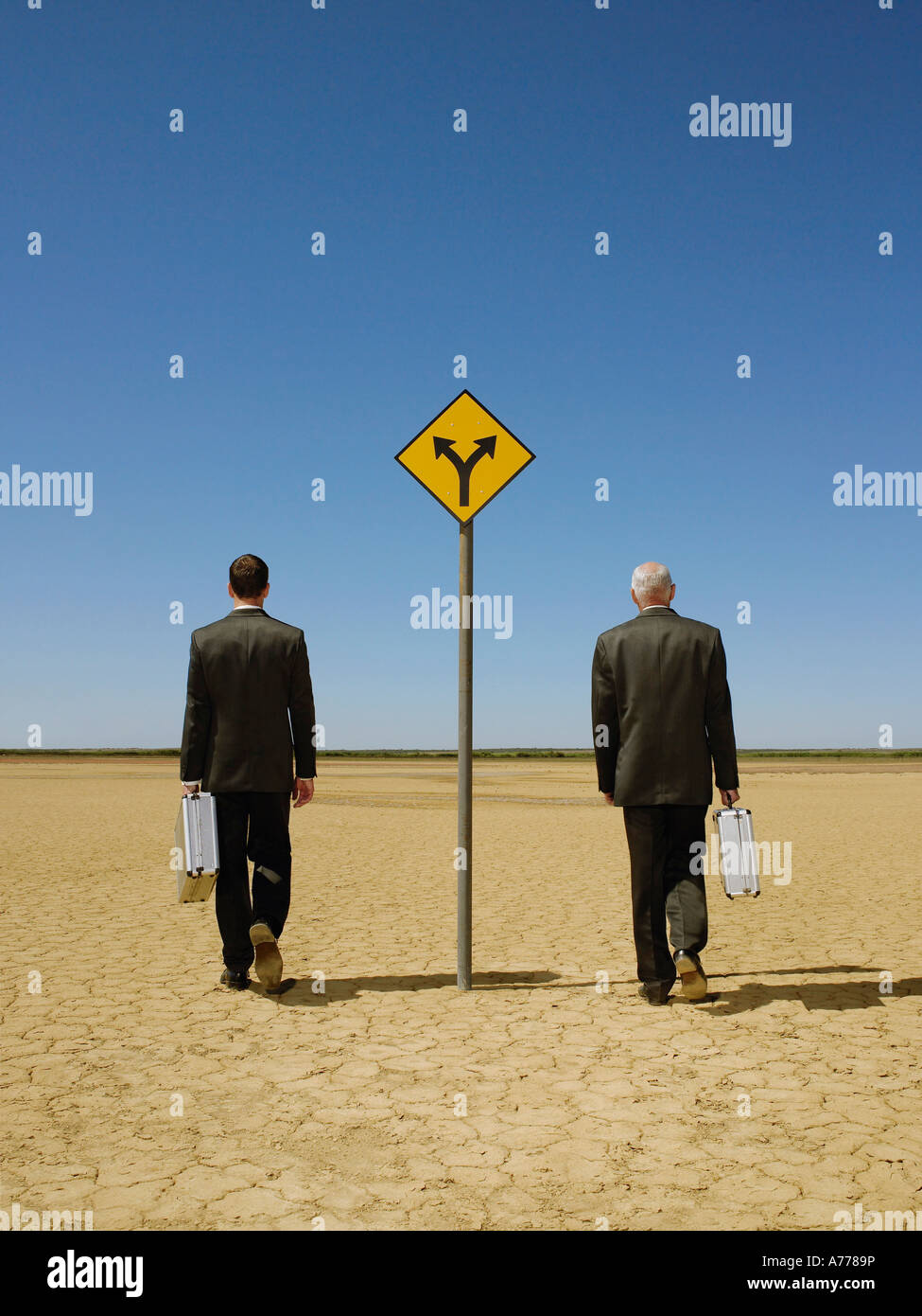 Two businessmen with briefcases walking past road sign in desert, back ...
