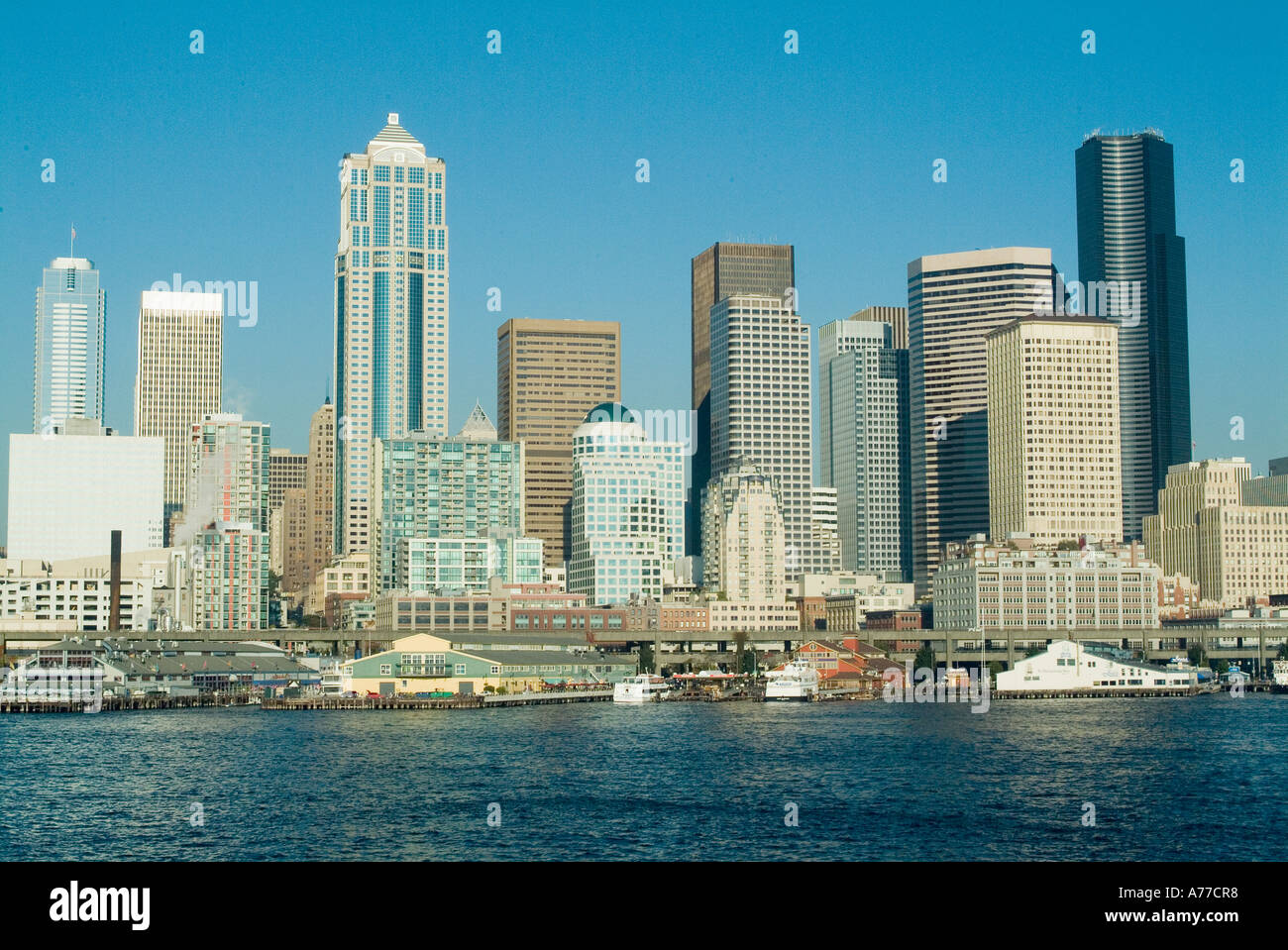 Seattle view (skyline) from Bainbridge (Island) ferry, Washington, USA ...