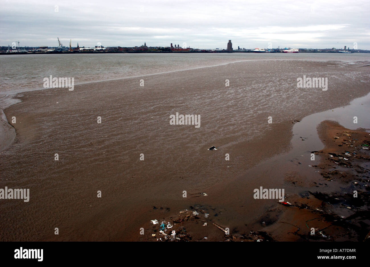 Mudflats at low tide along the River Mersey in Liverpool with ...