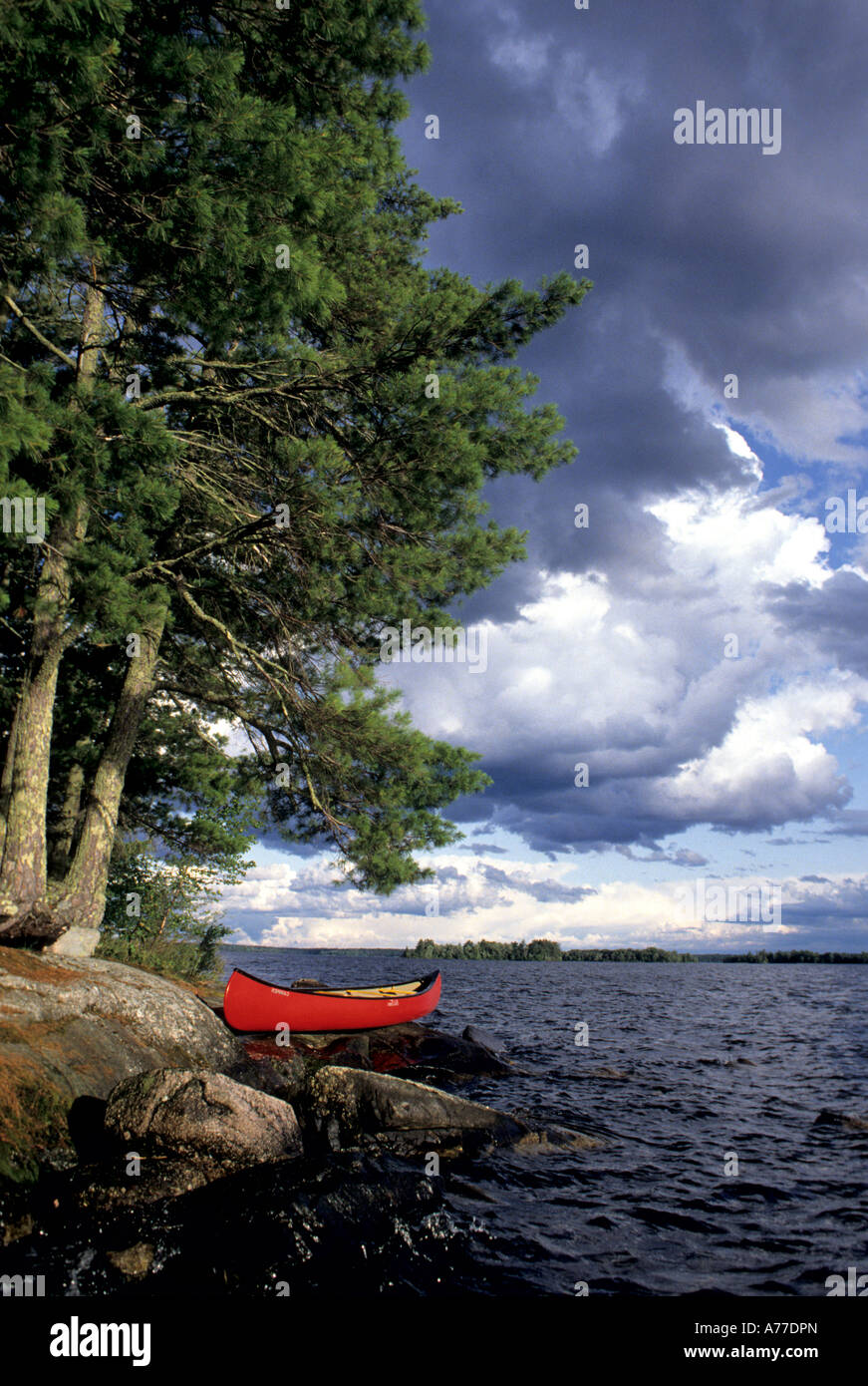 CANOE PULLED ONTO ROCKS NEAR CHIEF WOODEN FROG CAMPGROUND ON LAKE ...