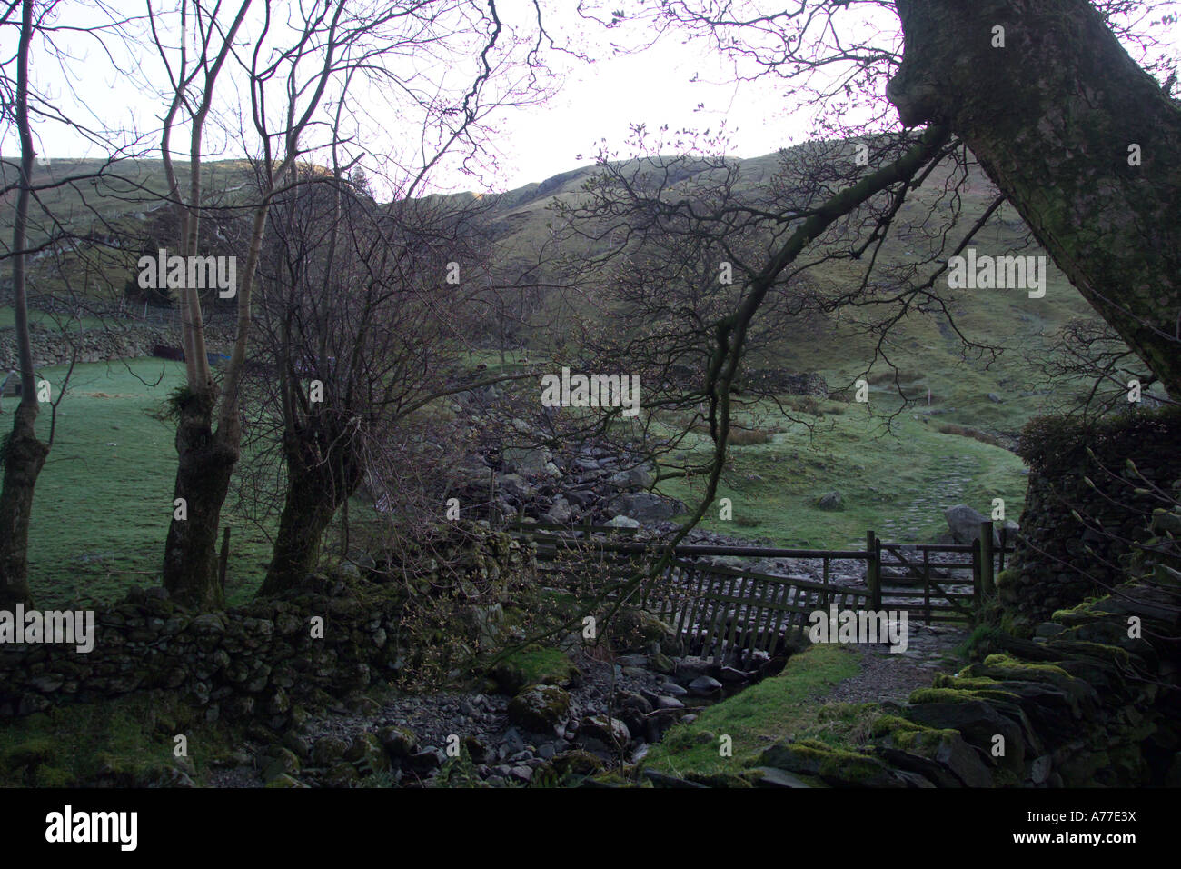 Watendlath view of hill green grass gate river and rocks Derwent Stock ...