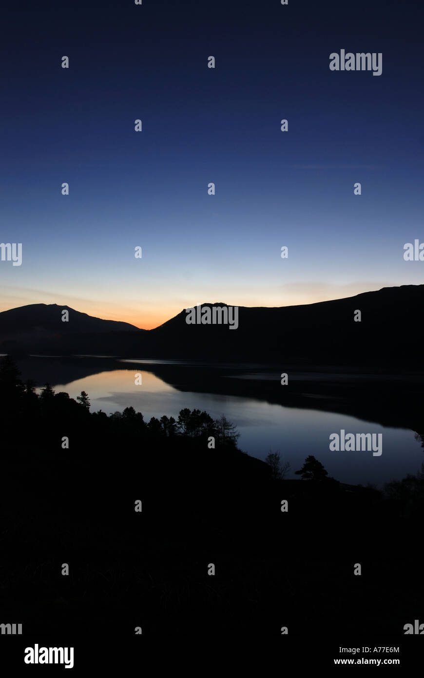 still water at sunrise Derwent Water lake district England Stock Photo ...