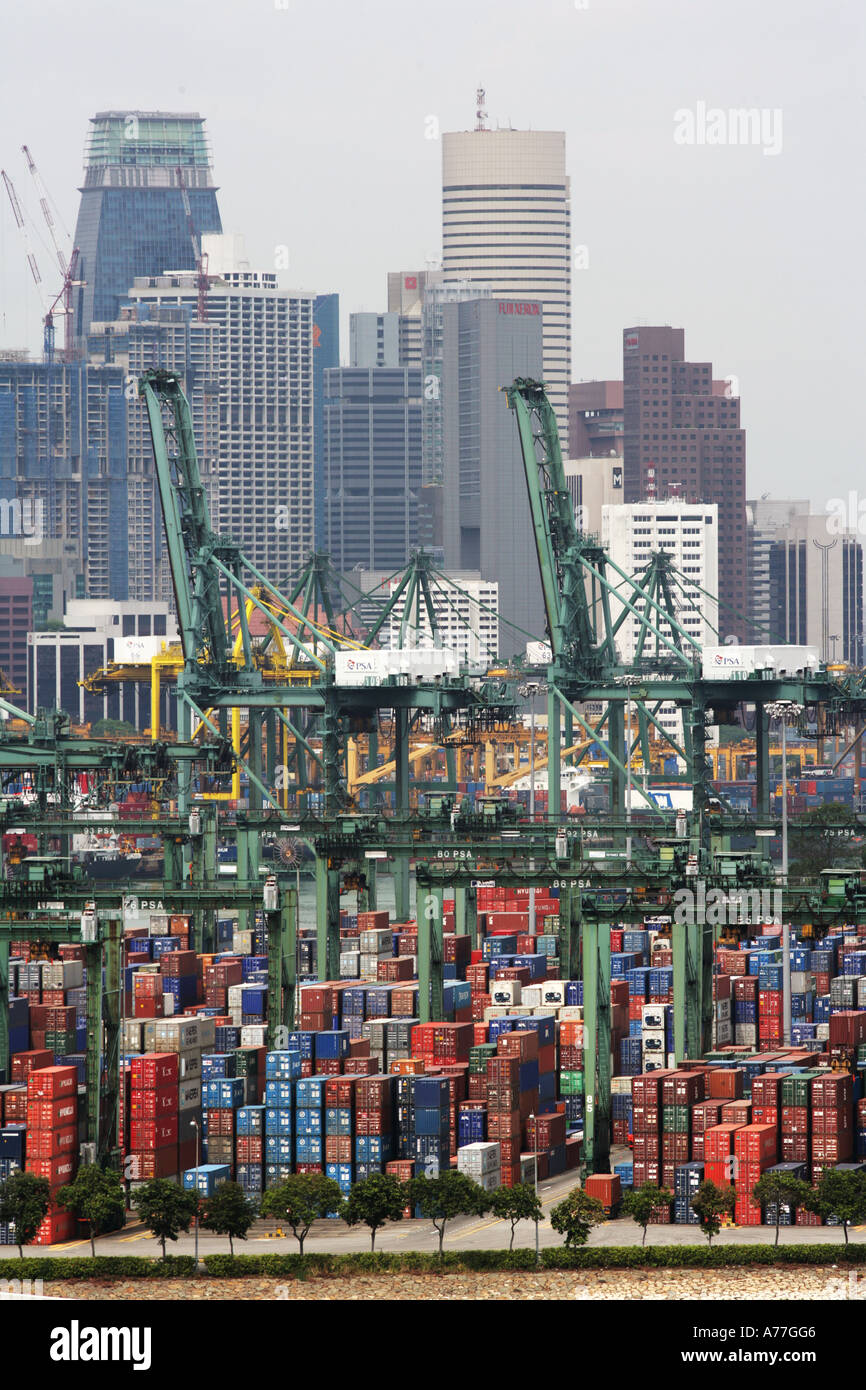 SGP Singapore Sea port container port Skyline of Downtown Singapore ...