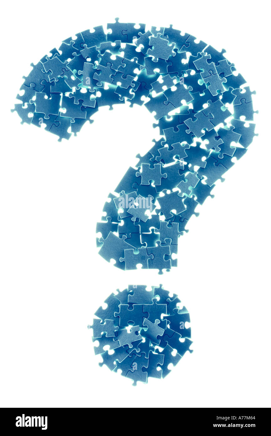 Backlit question mark made from puzzle pieces on a white background ...
