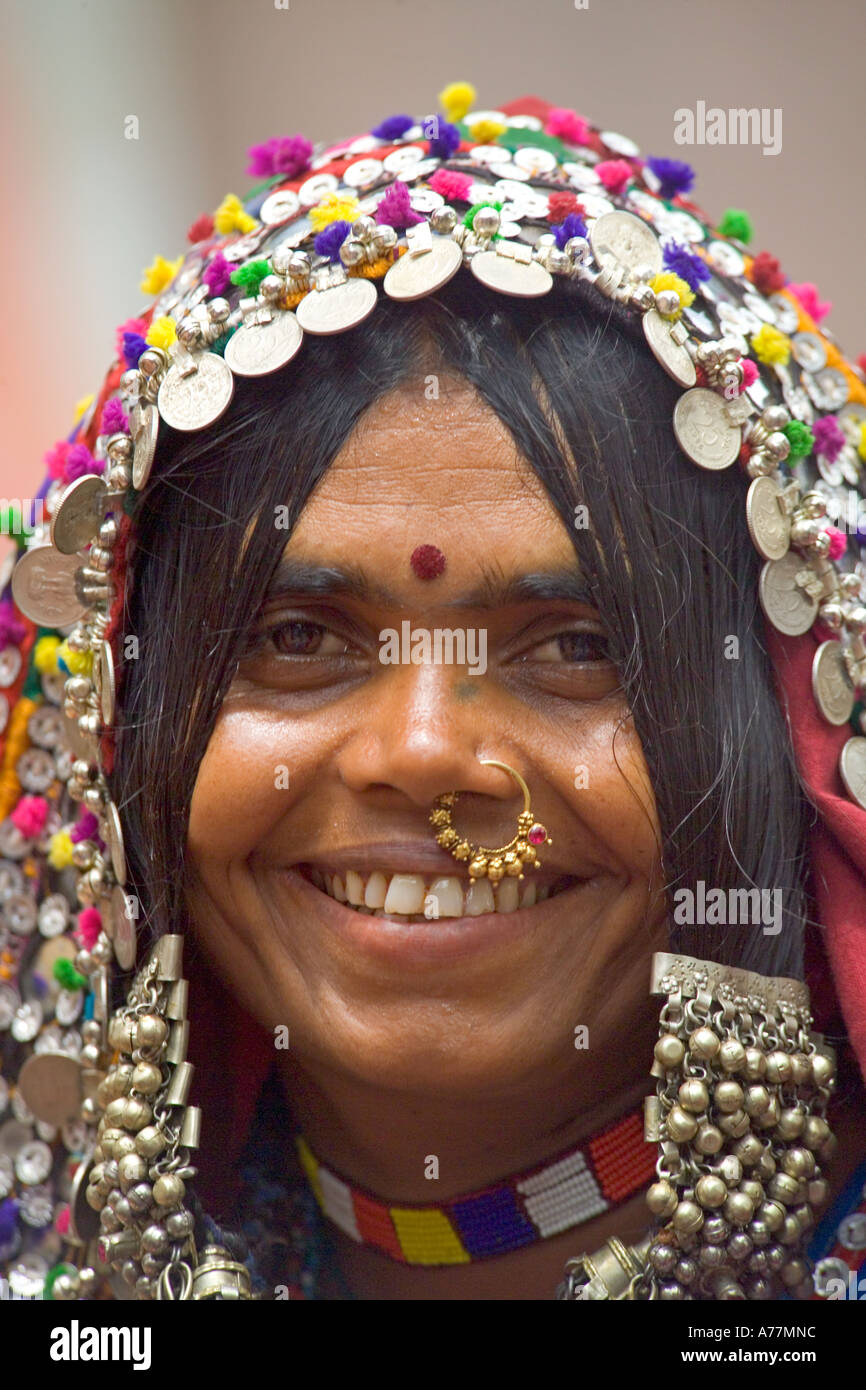 A portrait of a Lamani woman in full traditional dress at the Anjuna ...