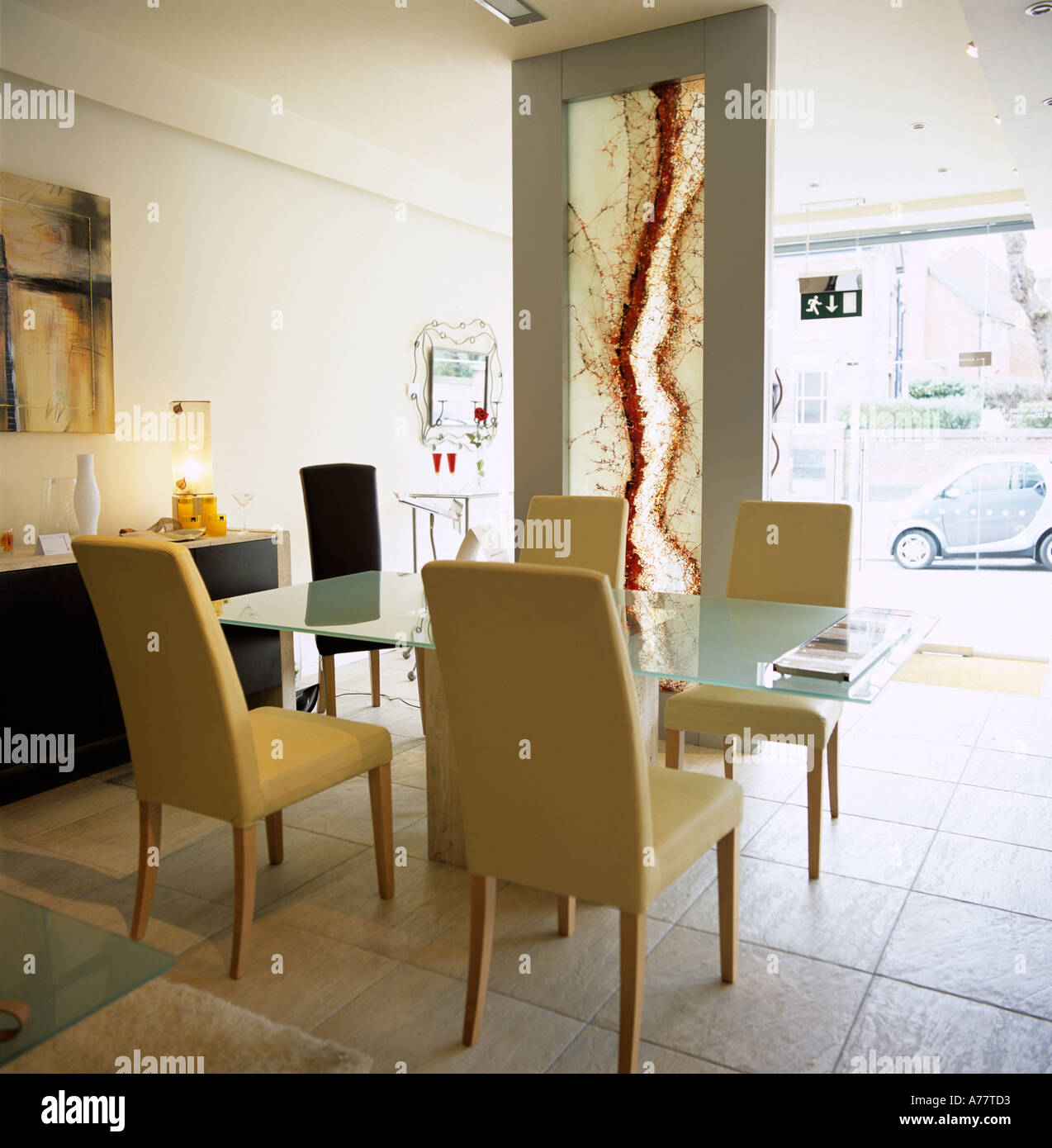 furniture showroom showing dining table and chairs and stained glass ...