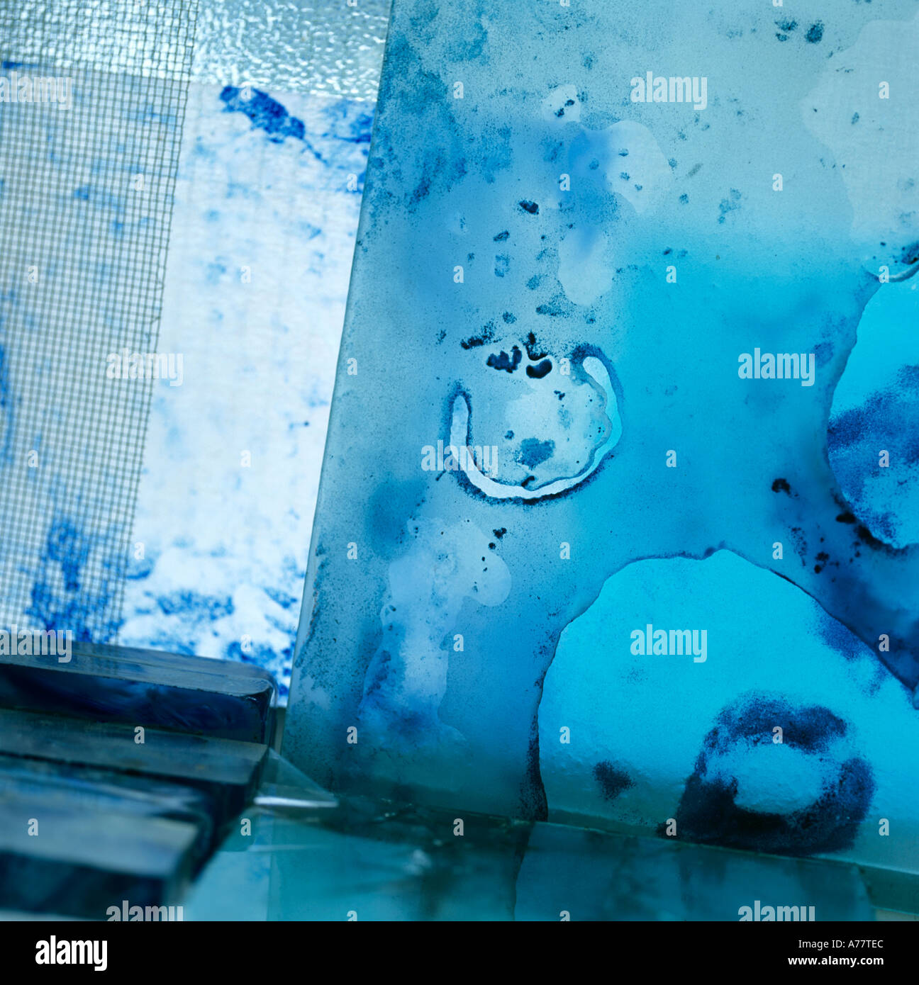 close up of stained glass panels in turquoise and blue Stock Photo - Alamy