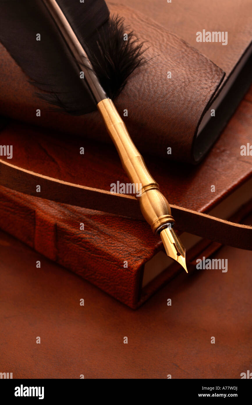 Antique feather quill on stack of books Stock Photo - Alamy
