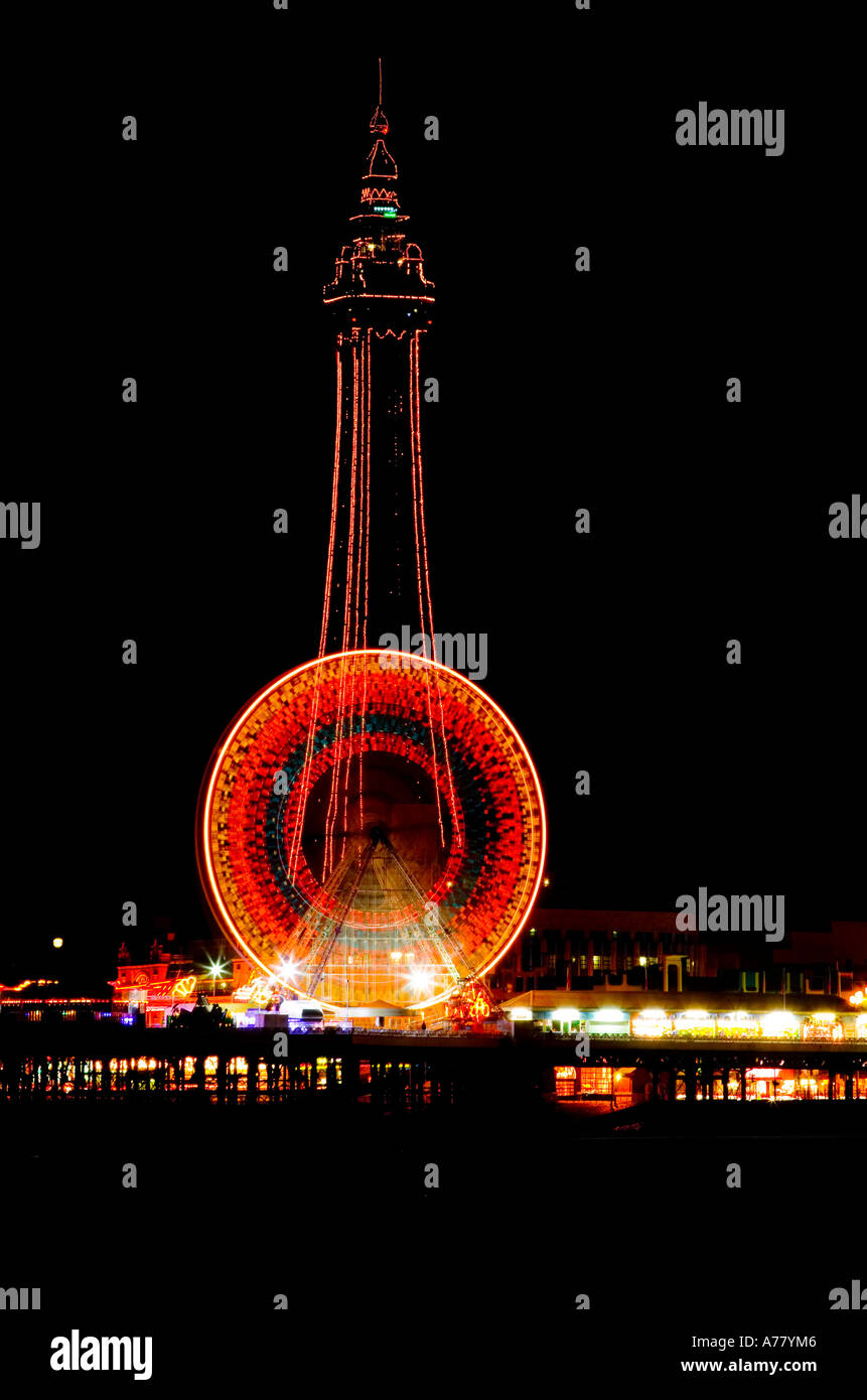 Blackpool Night Scene showing Pier, Tower and Big Wheel Stock Photo - Alamy
