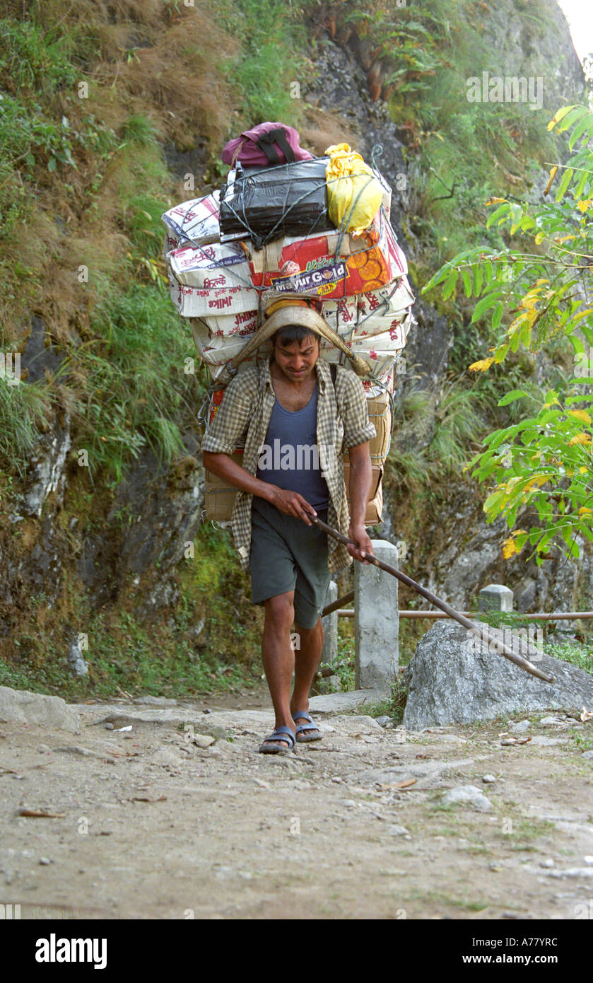 Nepali porter carrying goods to sell in high mountain places in ...