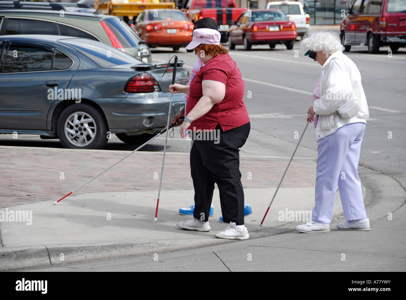 Group of blind people cross the street using canes Stock Photo - Alamy