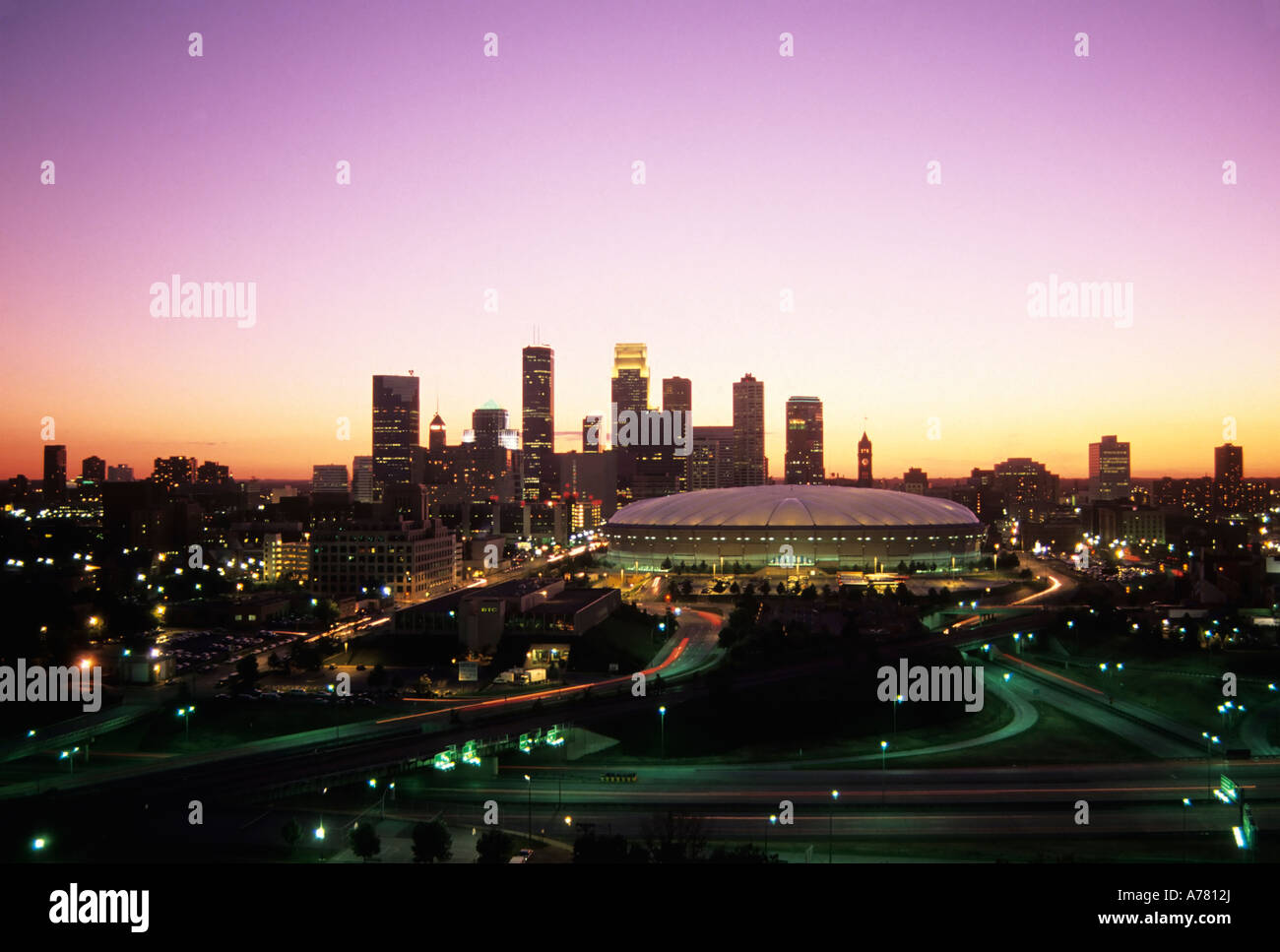 Minneapolis, Minnesota Skyline and Hubert H. Humphrey Metrodome at ...